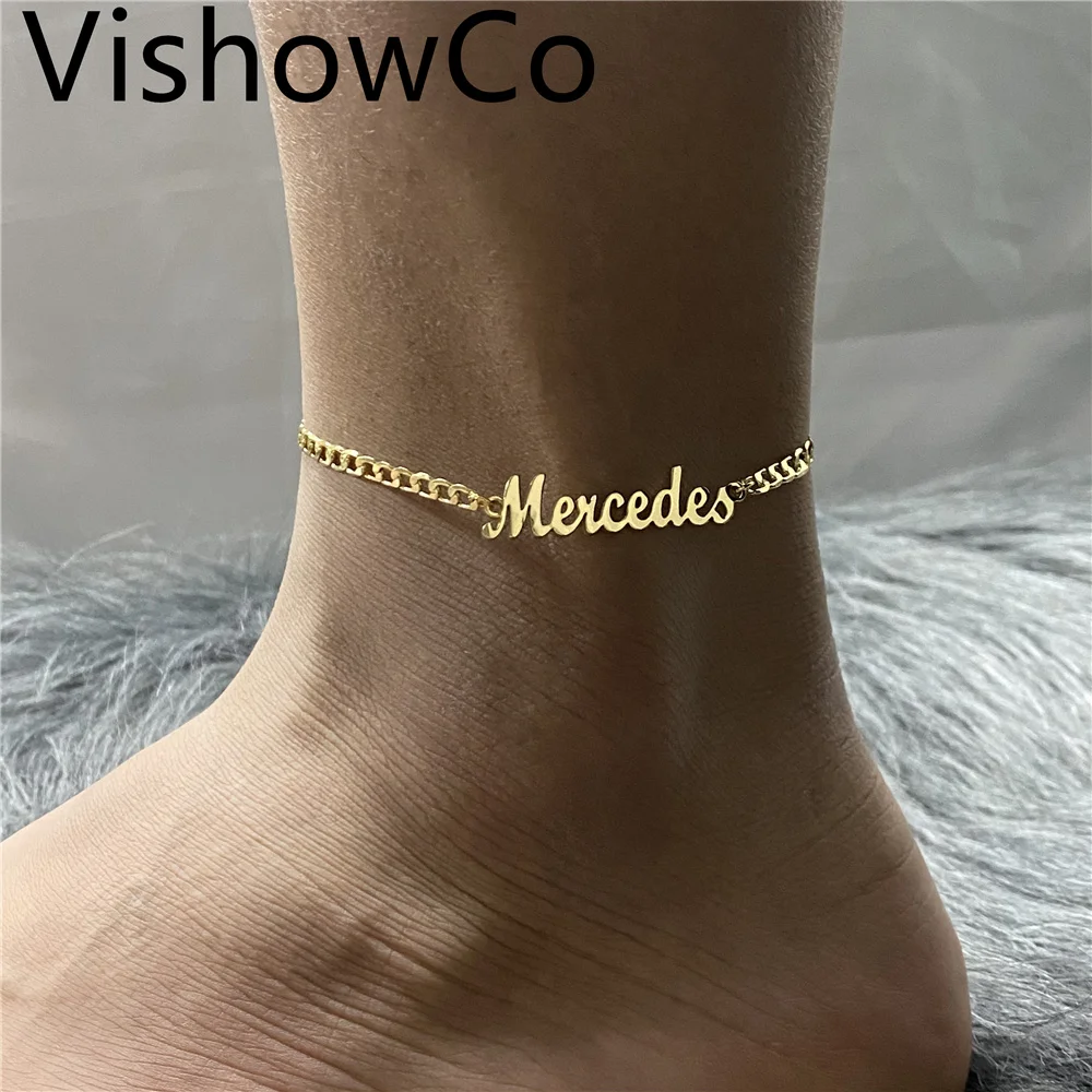 Vishowco Custom Name Anklet On A Cuban Chain Personalized Stainless ...