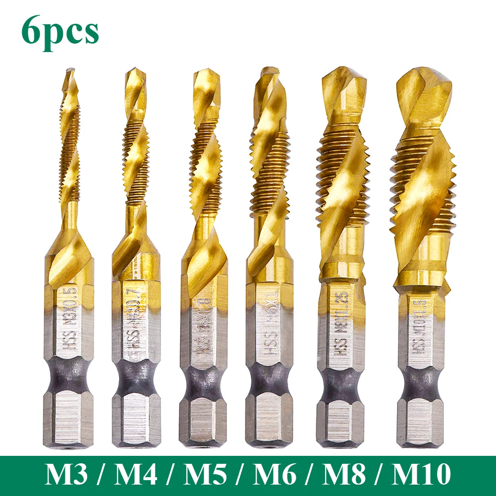 6Pcs-Hex-Shank-Titanium-Plated-HSS-Screw-Thread-Metric-Tap-Drill-Bits ...