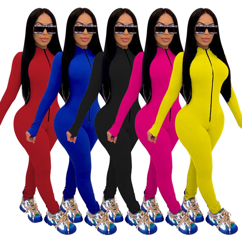 Solid Zipper Up Bodycon Jumpsuit Women 2020 Long Sleeve Stand Neck ...