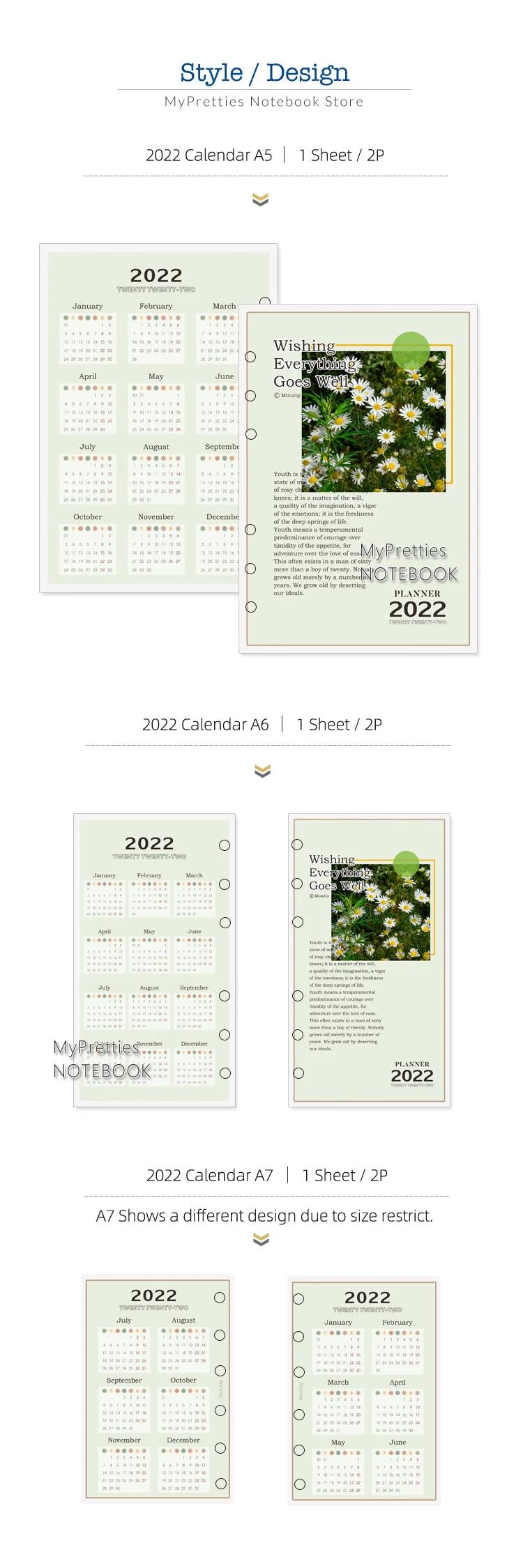 Feuillet mobile,classeur à 6 trous avec calendrier 2022,2021 année ...