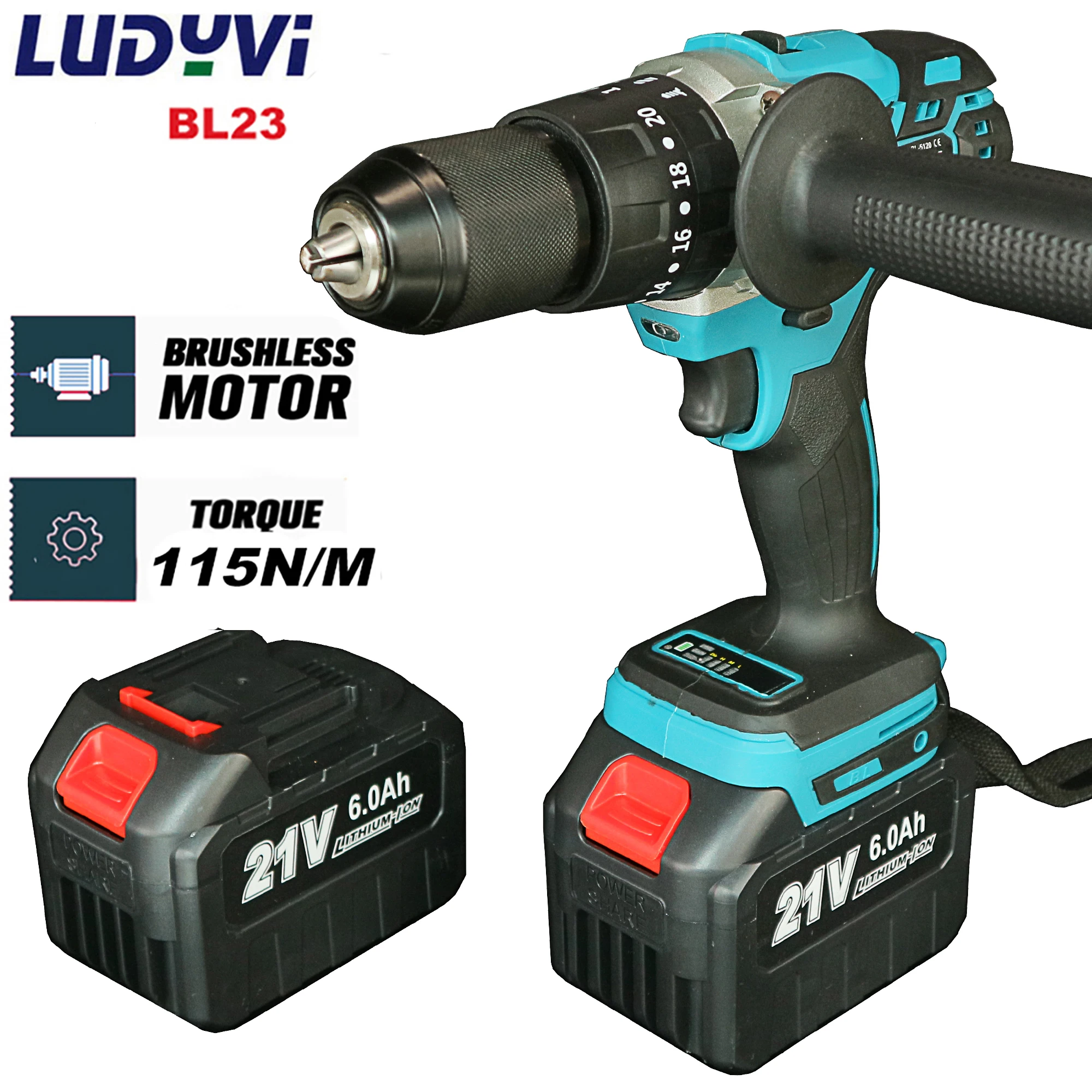 21V 13MM Brushless Electric Drill 115N/M 4000mah Battery Cordless ...
