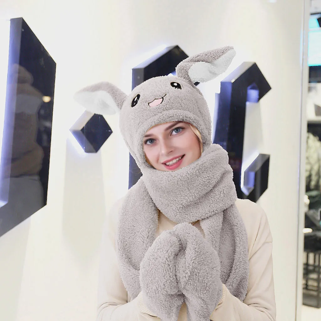여자 귀여운 3 1 모자 장갑 스카프 이동 에어백 자석 모자 플러시 댄스 토끼 귀 솔리드 모자 스카프 장갑 세트 모든 일치스컬