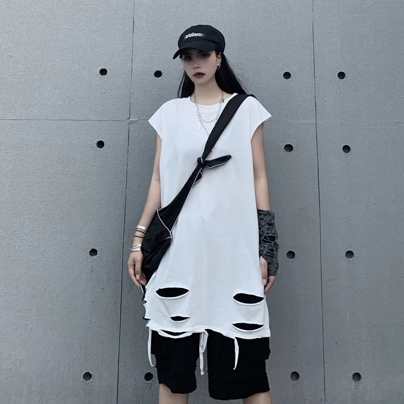 Vogue Streewear Solid Ripped Hole Punk T Shirt Women Summer Round Neck ...