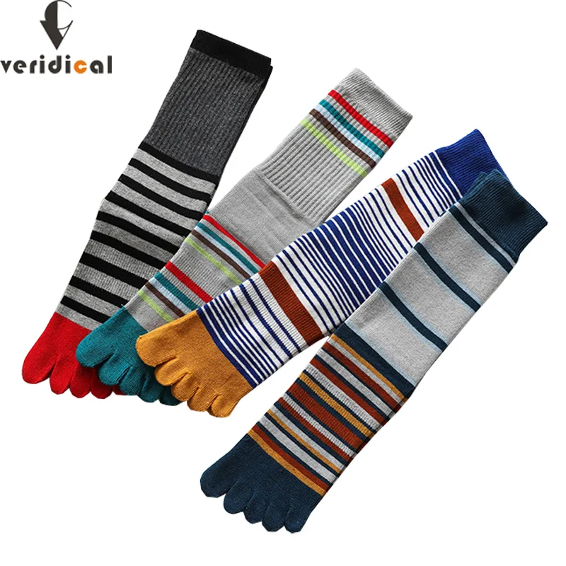 5 Pairs Large Size Five Finger Socks Man Combed Cotton Striped Business ...