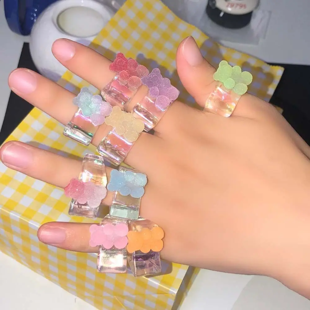 Rainbow-Color-Gummy-Bear-Transparent-Resin-Rings-Fashion-Laser-Bear ...