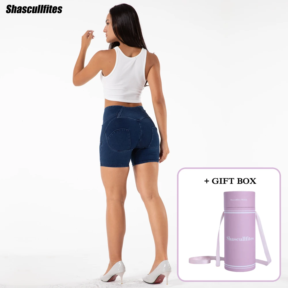 Shascullfites 멜로디 여성 엉덩이 리프팅 스키니 고층 청바지 반바지 부랑자 리프트 요가 반바지 선물 상자 패키지요가