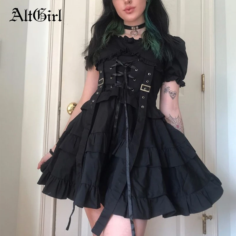 AltGirl Dark Gothic Croset Dress Women Harajuku Fairycore Puff Sleeve ...