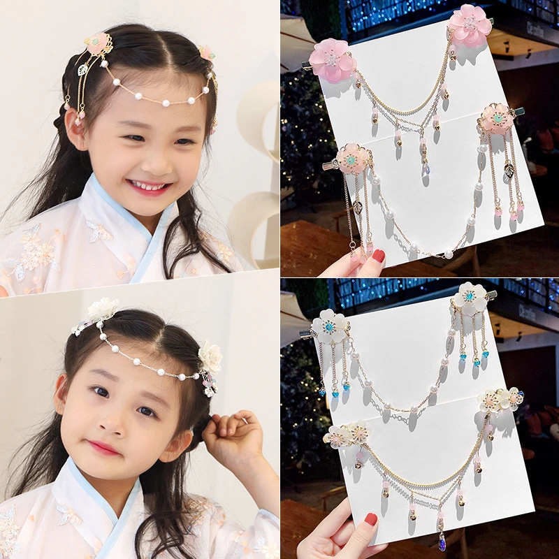 Chinese Style Children's Flower Hairpin Girl Long Chain Hair Clips ...