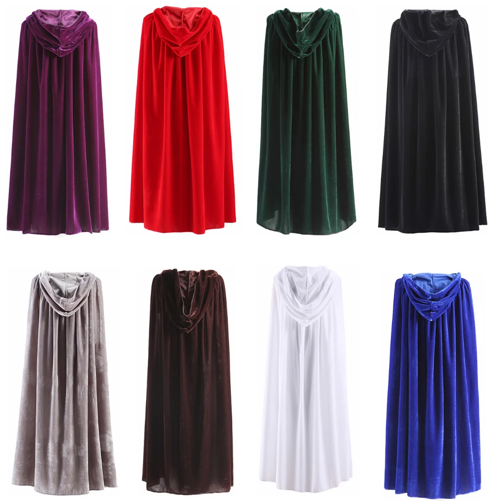 Adult Hooded Cloak Long Velvet Cape Robe Green Black Red Halloween ...