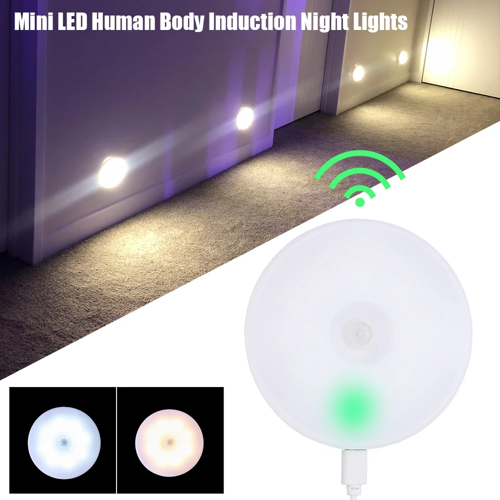 Mini Motion Sensor LED Night Light USB Rechargeable Lamp for Bedroom ...