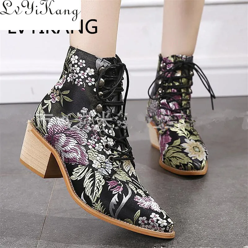Botas-cortas-Retro-con-bordado-de-flores-para-mujer-botines-elegantes ...