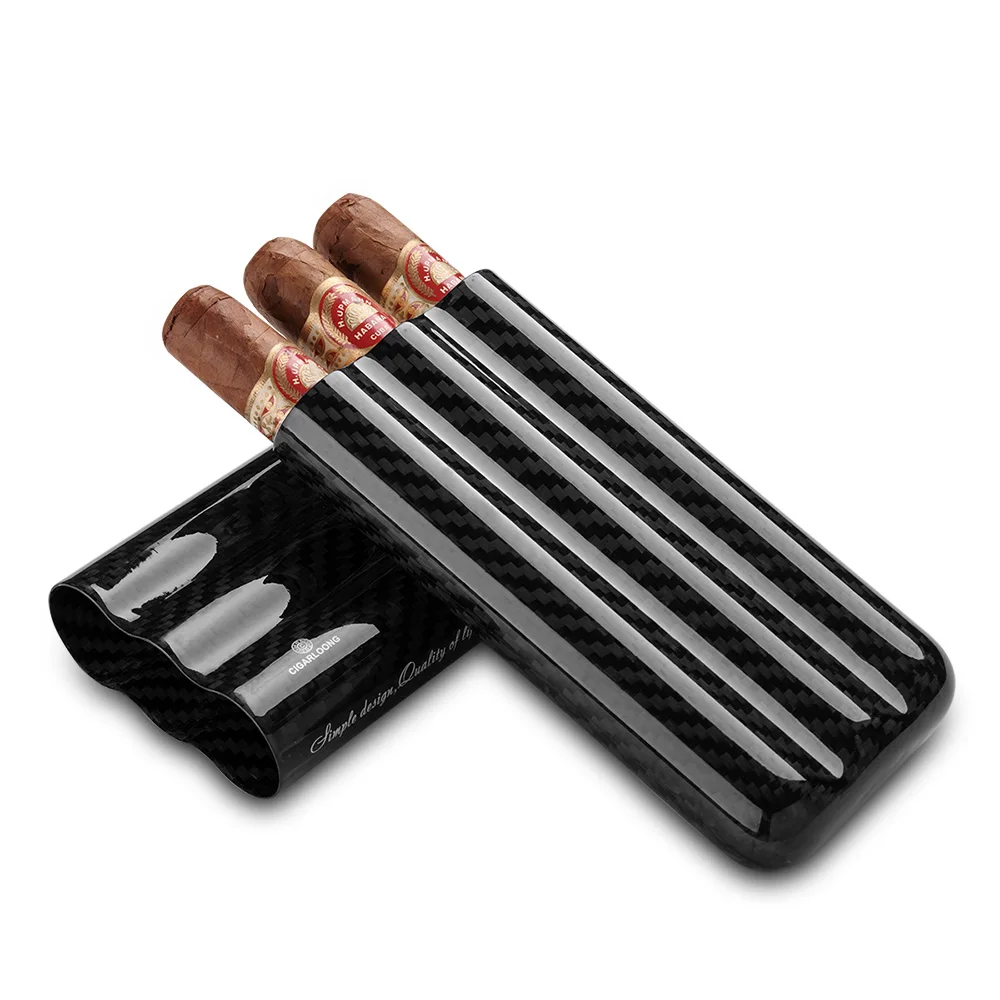 Black-Carbon-Fiber-Gloss-Cigar-Case-Box-3-Tubes-Tobacco-Holder-Pocket ...