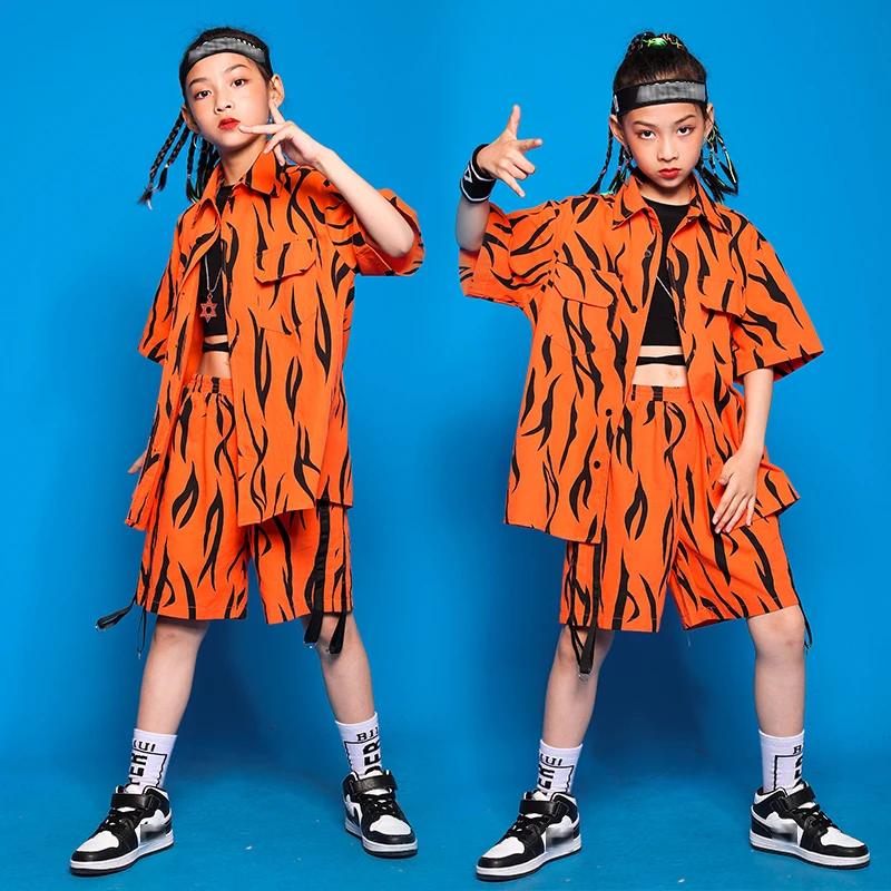 Orange Hip Hop Clothes Kids Festival Clothing Rave Zebra Dancer Outfit ...