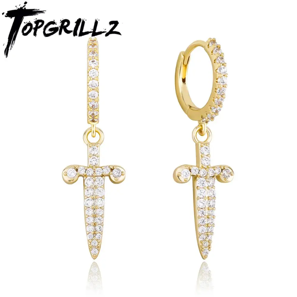 TOPGRILLZ New Ice Out Sword Dagger Earring Full Iced Cubic Zirconia ...