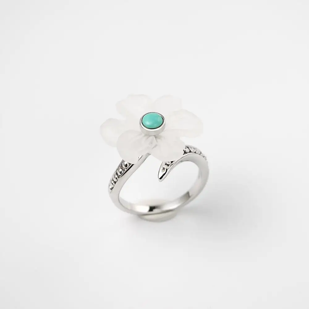 MIQIAO-Scrub-White-Crystal-Flower-Ring-Adjustable-Silver-Natural-Stone ...