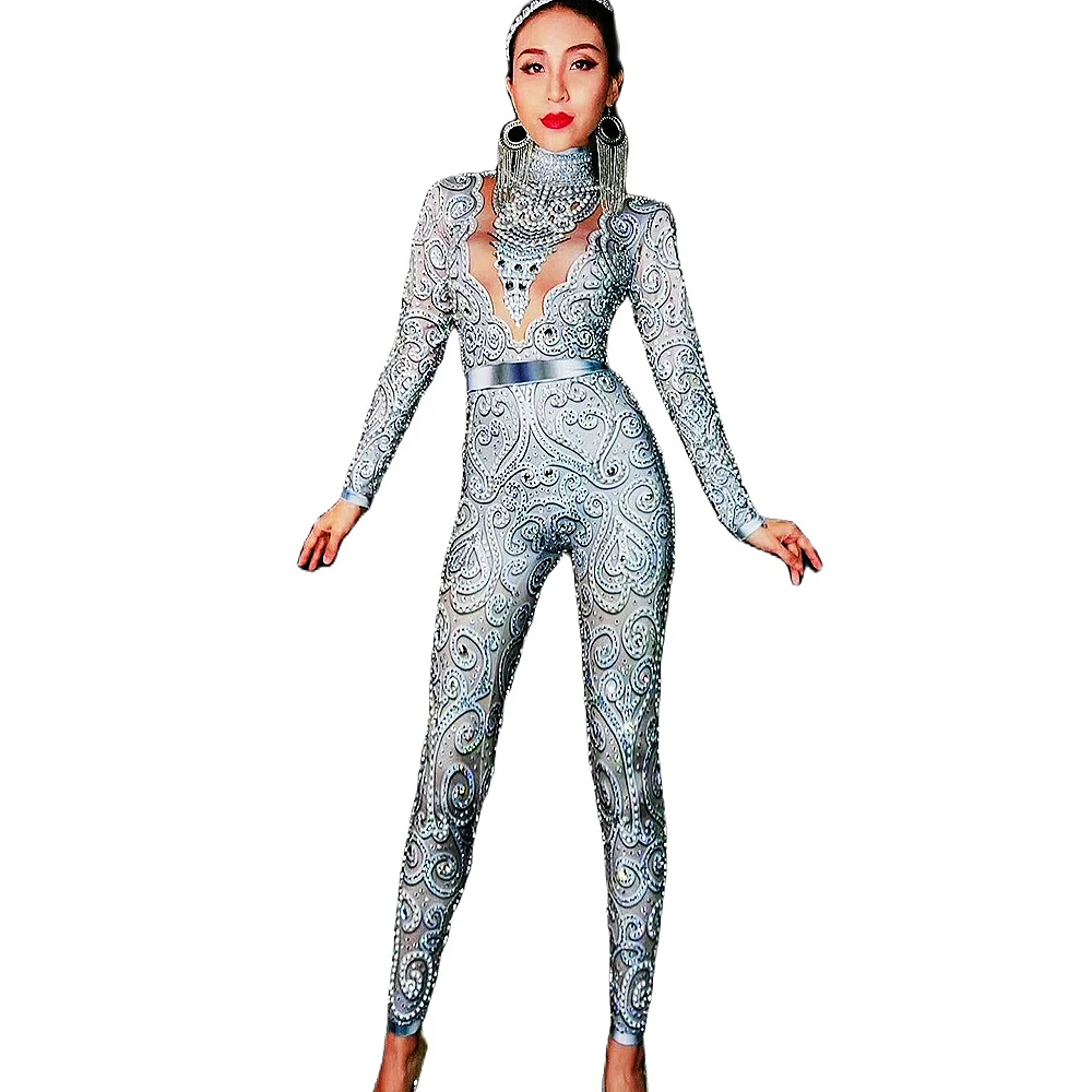 Silver Sparkling Rhinestones Pattern Printing Jumpsuit Women Party ...