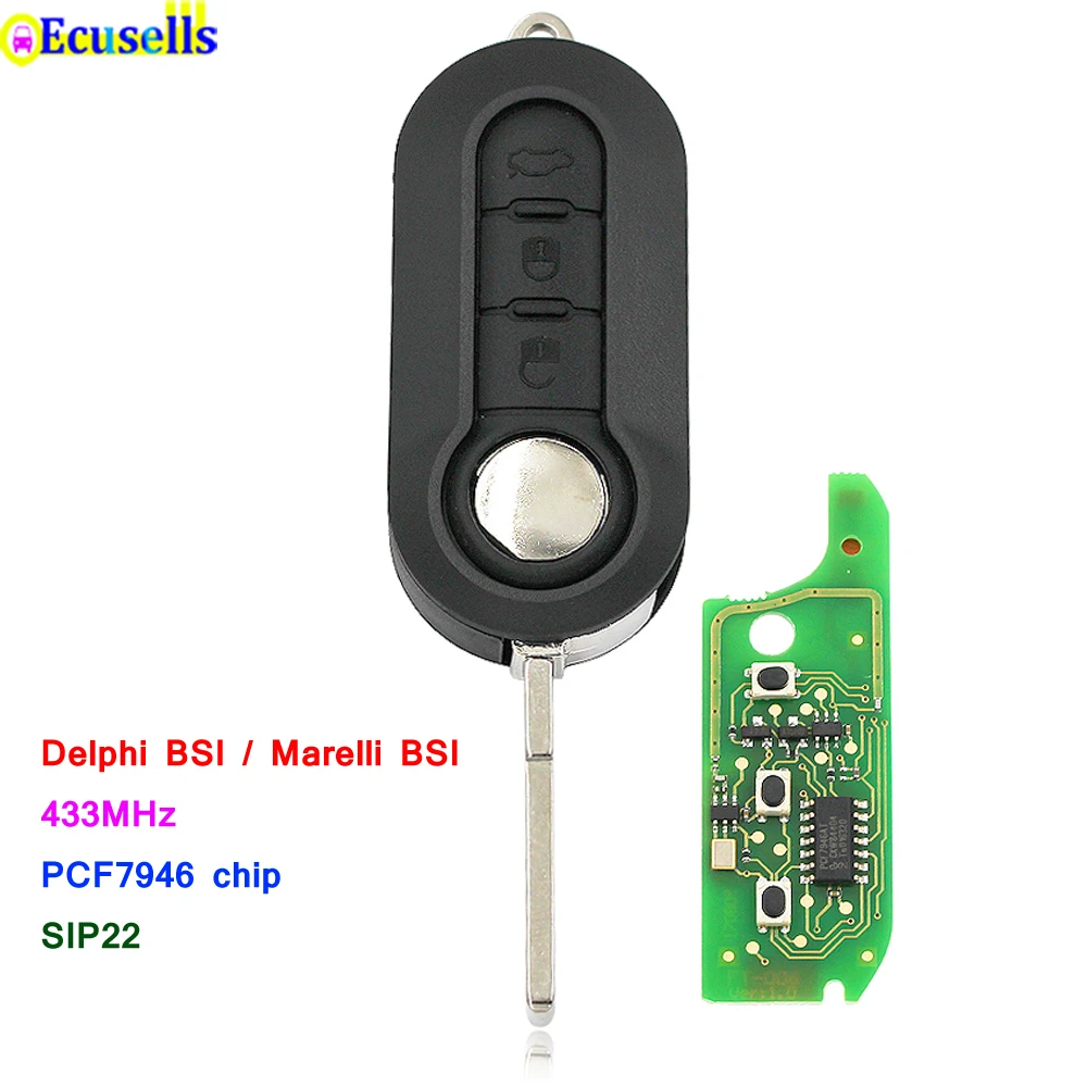 3 Button Remote Key Fob 433MHz with ID46 PCF7946 Chip for Fiat 500 ...