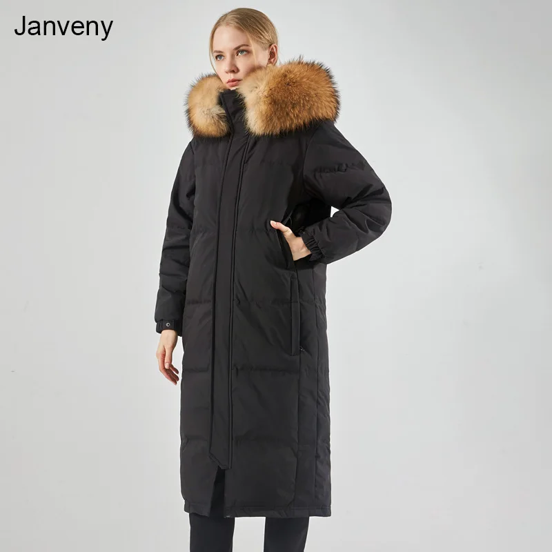 Janveny 2022 Winter Real Raccoon Fox Fur Hooded Puffer Feather Down Coat Luxury Women X long 90% ...