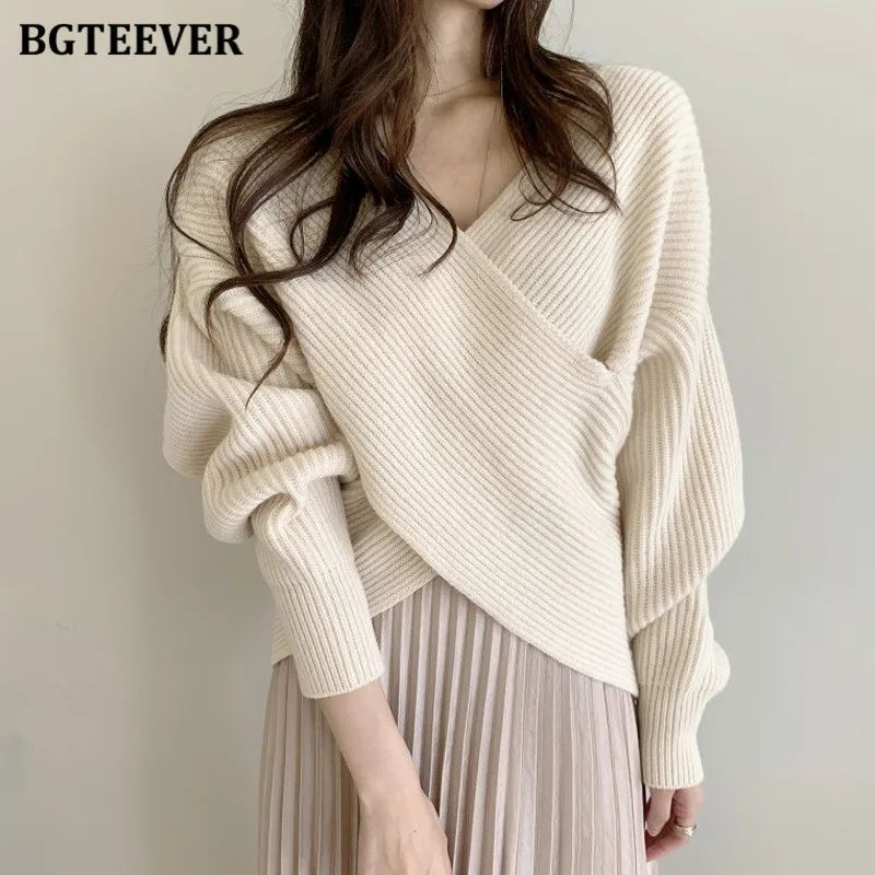 Bgteever Chic Elegant V-neck Long Sleeve Criss-cross Female Knitted ...