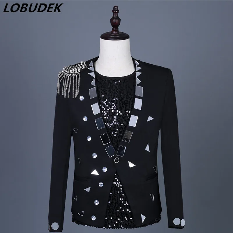 Punk Style Men Silver Black Rivet Sequined Jacket Stage Coat Bar Singer ...