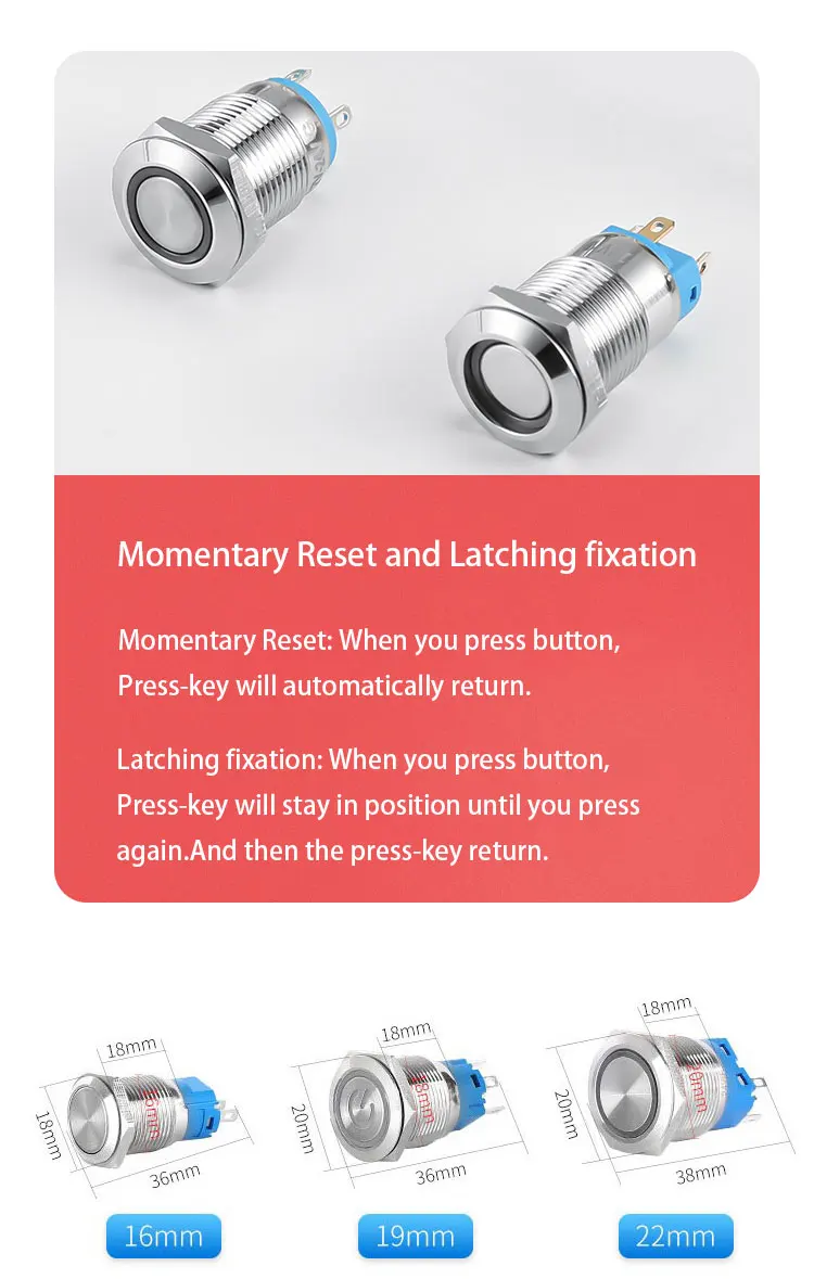 12mm 16mm 19mm 22mm metal push button switch power button LED light ...