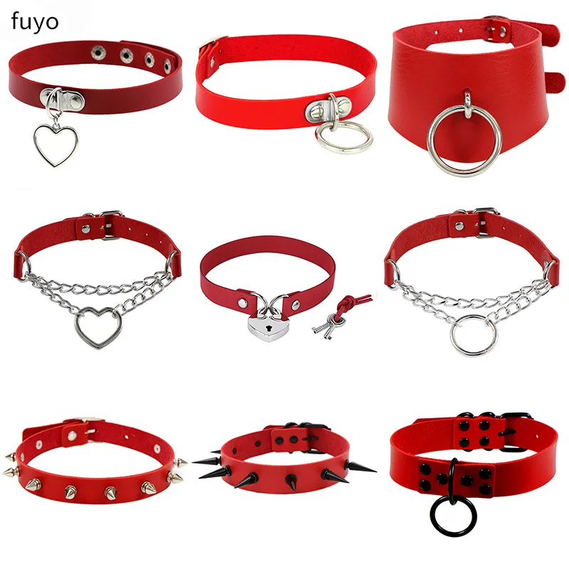 Fashion Round Chocker Sexy Heart Lock Key Rivets Red Goth Punk Chokers ...