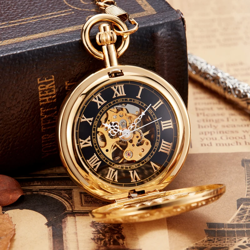 Luxury Gold Mechanical Pocket Watch Vintage Copper Male Clock Hand Wind ...