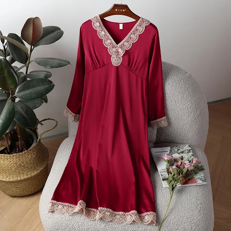 Female-Lace-Nightwear-V-Neck-Satin-Sleepwear-Long-Sleeve-Nightgown ...