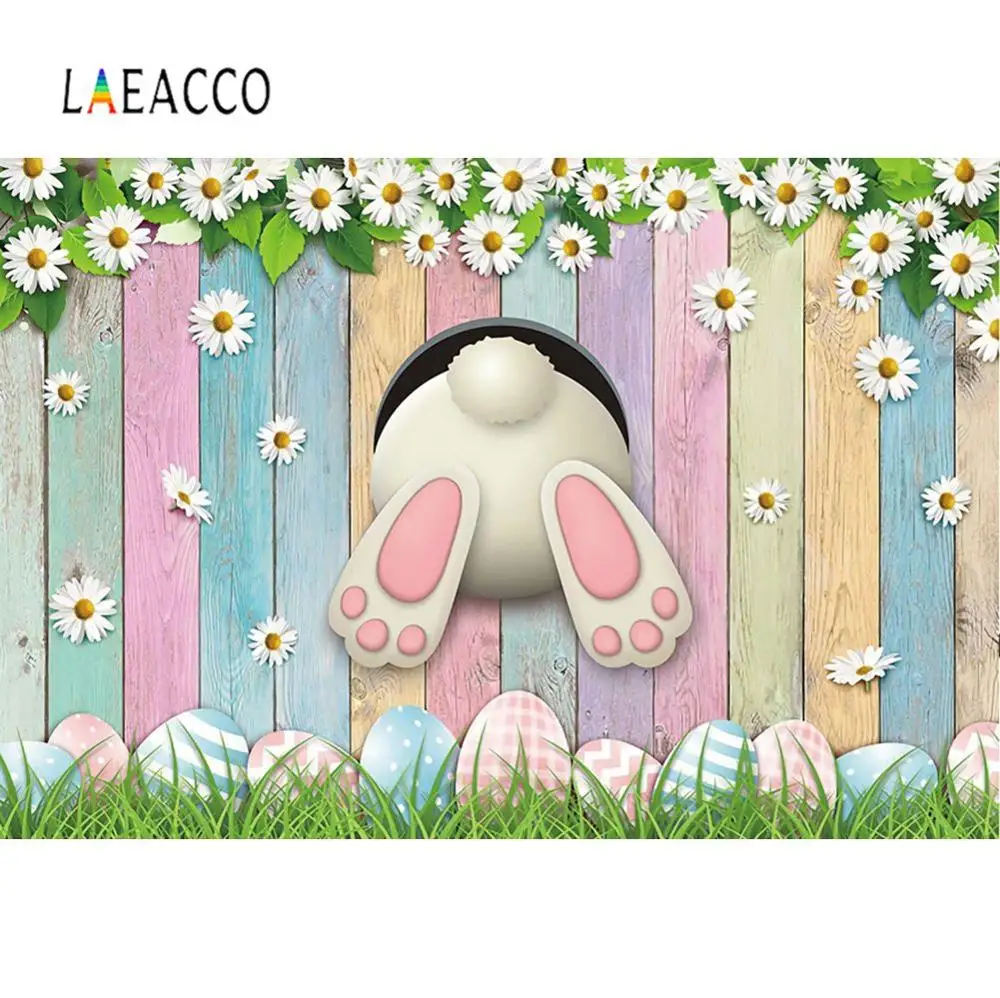 Laeacco-Spring-Easter-Rabbit-Eggs-Wooden-Board-Flowers-Green-Grass-Baby ...