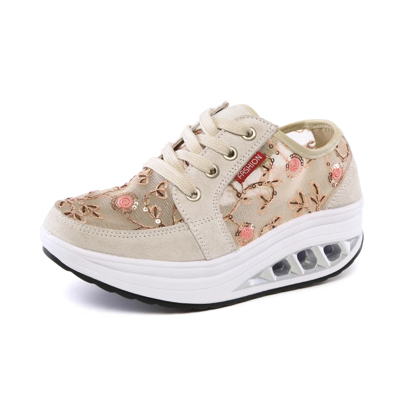 Lightweight Women Toning Shoes Lace Up Green Beige Ladies Slimming Flat ...