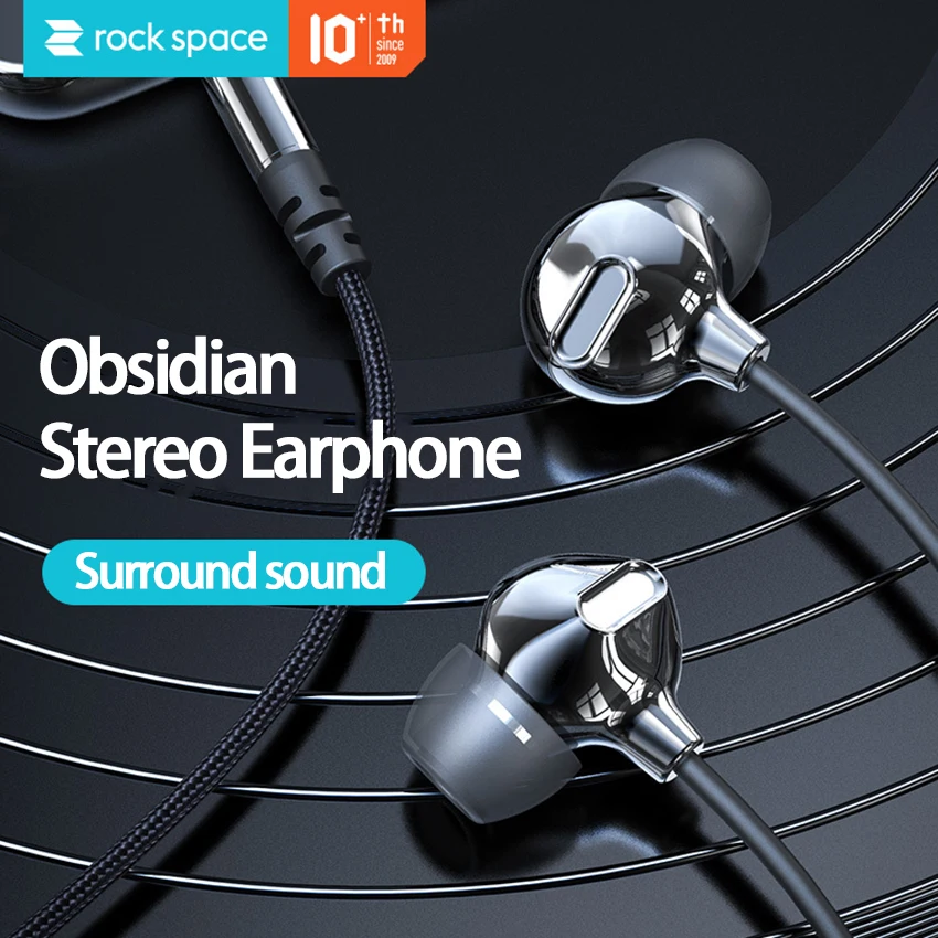 ROCKSPACE Wired Earbuds With Microphone Obsidian Stereo Earphone ...