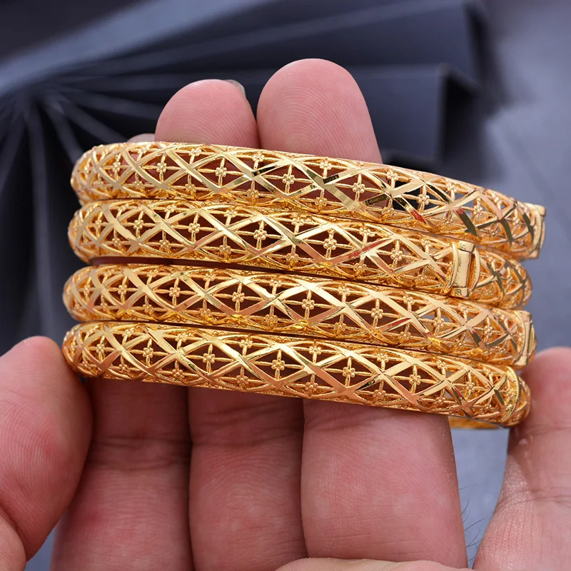 완도 24k 4 개개 두바이 골드 컬러 팔찌 여성용 소녀 아랍 팔찌 And 팔찌 아프리카 여성 신부 웨딩 쥬얼리 선물뱅글