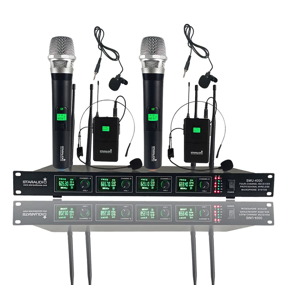 4 Channel UHF Microphone System Wireless Dynamic 2CH Handheld 2CH ...