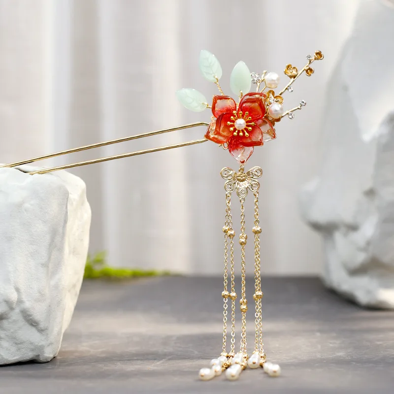 Chinese Hanfu Hair Accessories Hairpins For Women Flower Pearl Long Tassel Step Shake Hair Sticks Vintage Wedding Bridal Jewelry Hair Jewelry