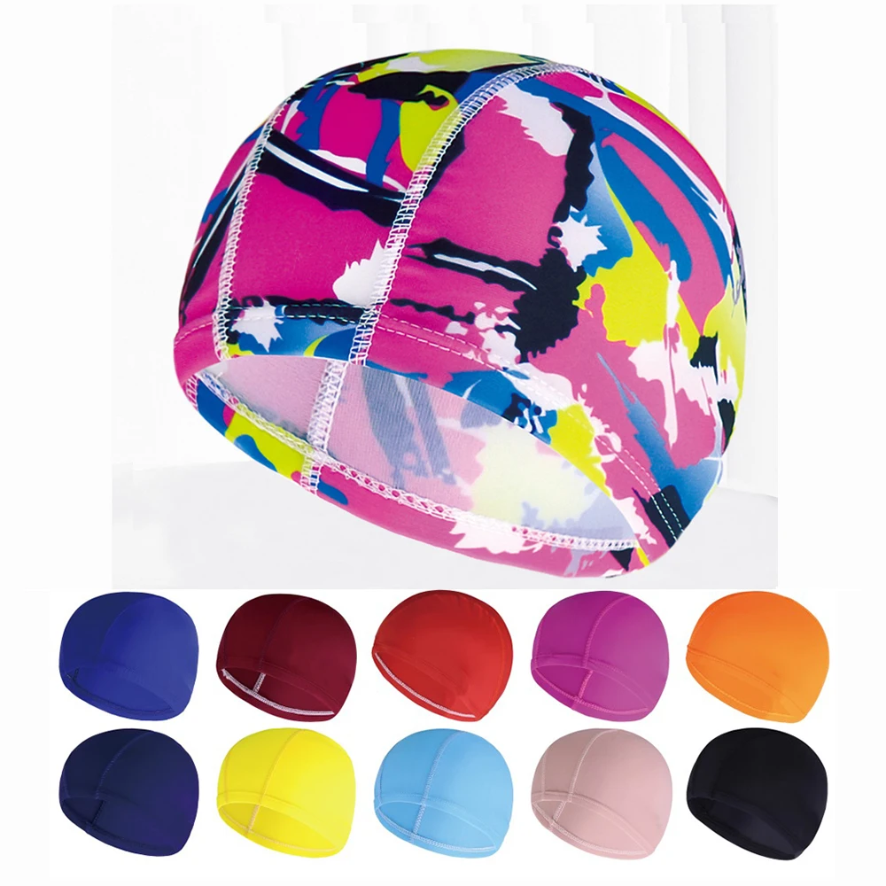 Multi Colors Prints Men Women Fabric Swimming Cap Swim Pool Water ...
