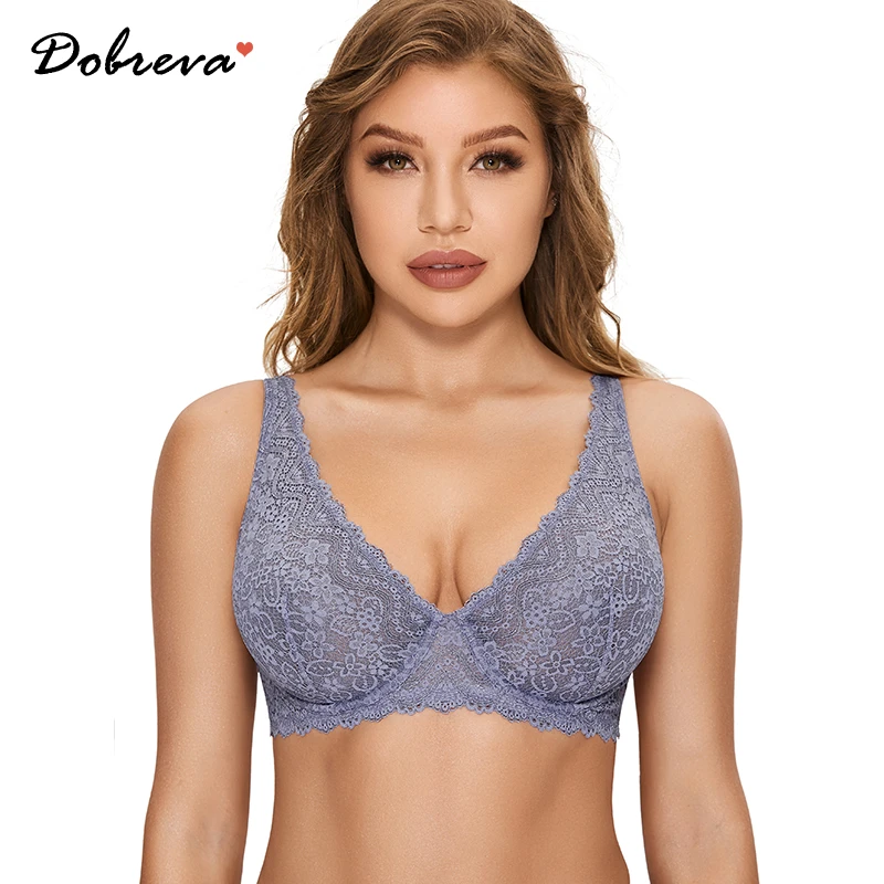 DOBREVA Women's Sexy Lace Bra See Through Bralette Plunge Plus Size Lingerie Unlined Underwire ...