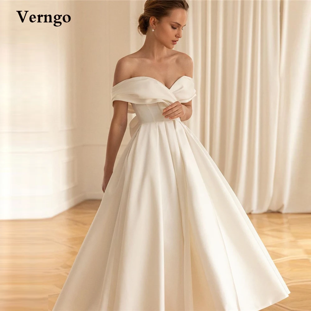 Verngo 2022 심플 실크 새틴 A 라인 웨딩 드레스 짧은 프론트 롱 백 나비매듭 오프 숄더 티 길이 신부 파티 드레스