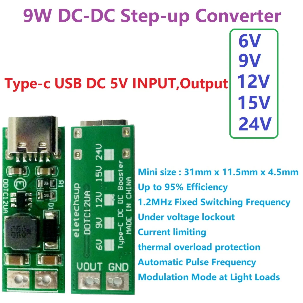 9w Mini Type-c Usb Dc 5v To 6v 9v 12v 15v 24v Dc Dc Boost Step-up ...