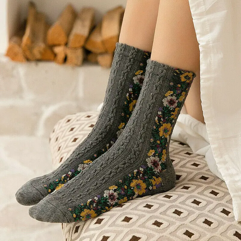 Novas meias femininas de algodão com estampa floral, meias longas de ...