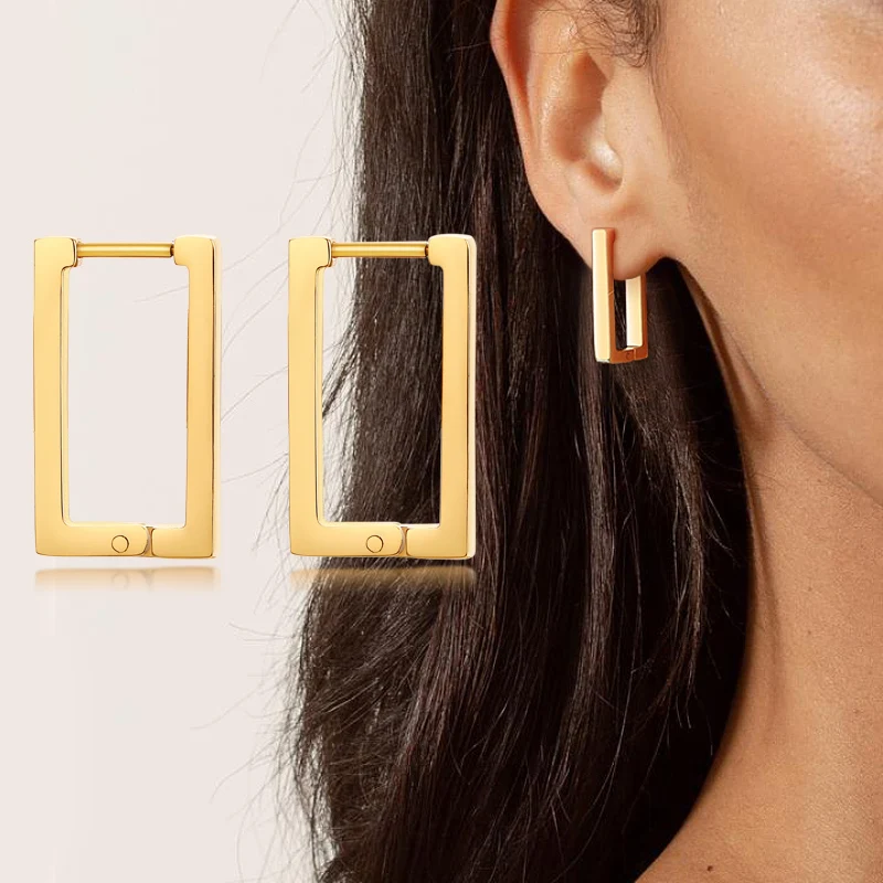 Square Geometric Rectangle Hoop Earrings Stainless Steel Silver Color ...