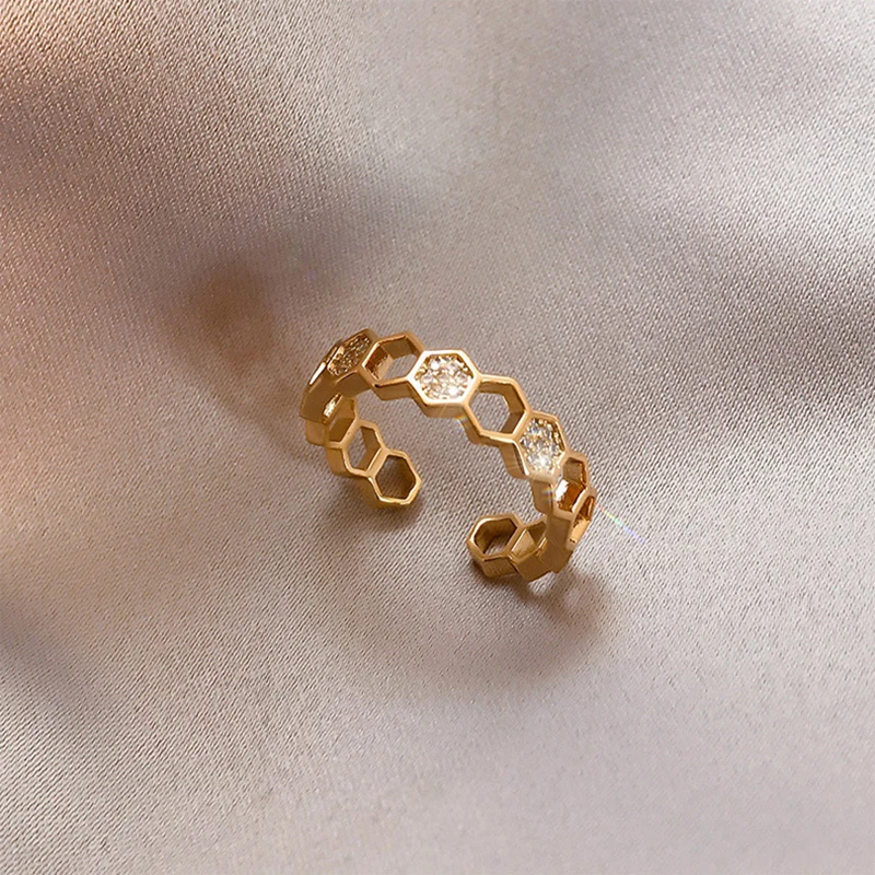 Meyrroyu Stainless Steel Gold Color Bee Honeycomb Geometric Rings Accessories Rings For Women ...