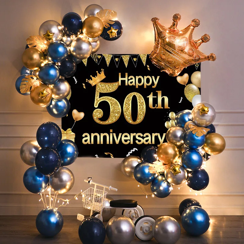 50th-Anniversary-Party-Decoration-Black-Blue-Gold-Balloon-Garland-Arch ...