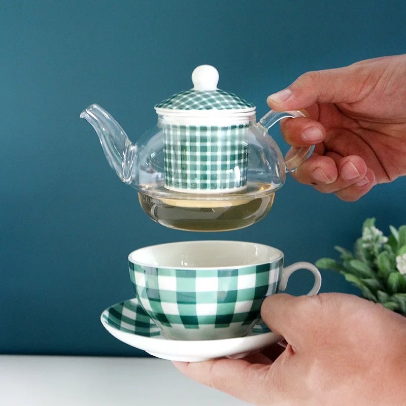 Ceramic-Tea-for-One-Set-Checkered-Design-Glass-Teapot-Fine-Bone-China ...
