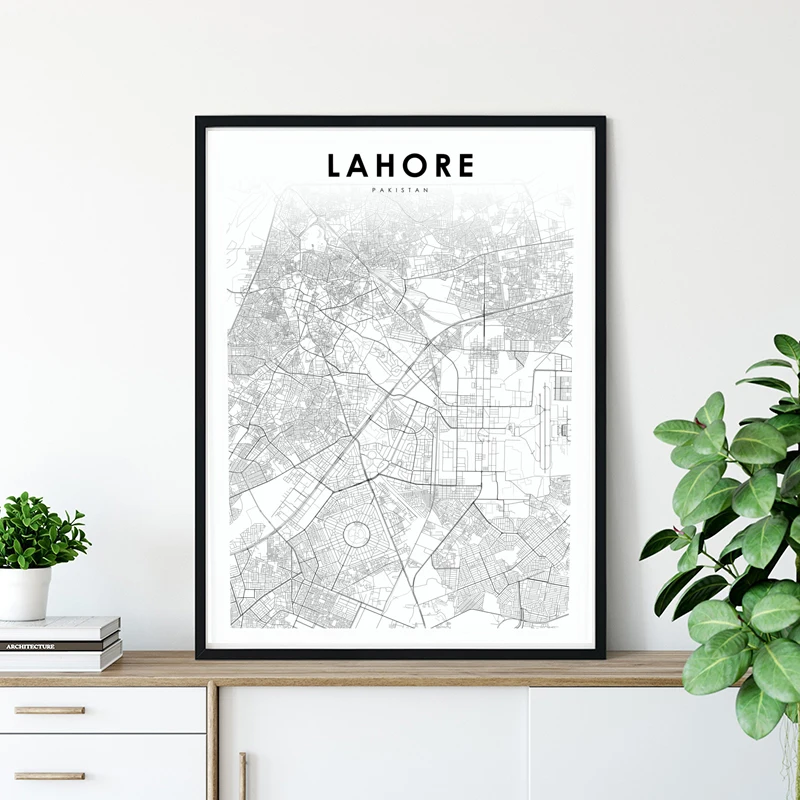 Lahore Punjab City Map Black White Canvas Poster Wall Art Painting ...