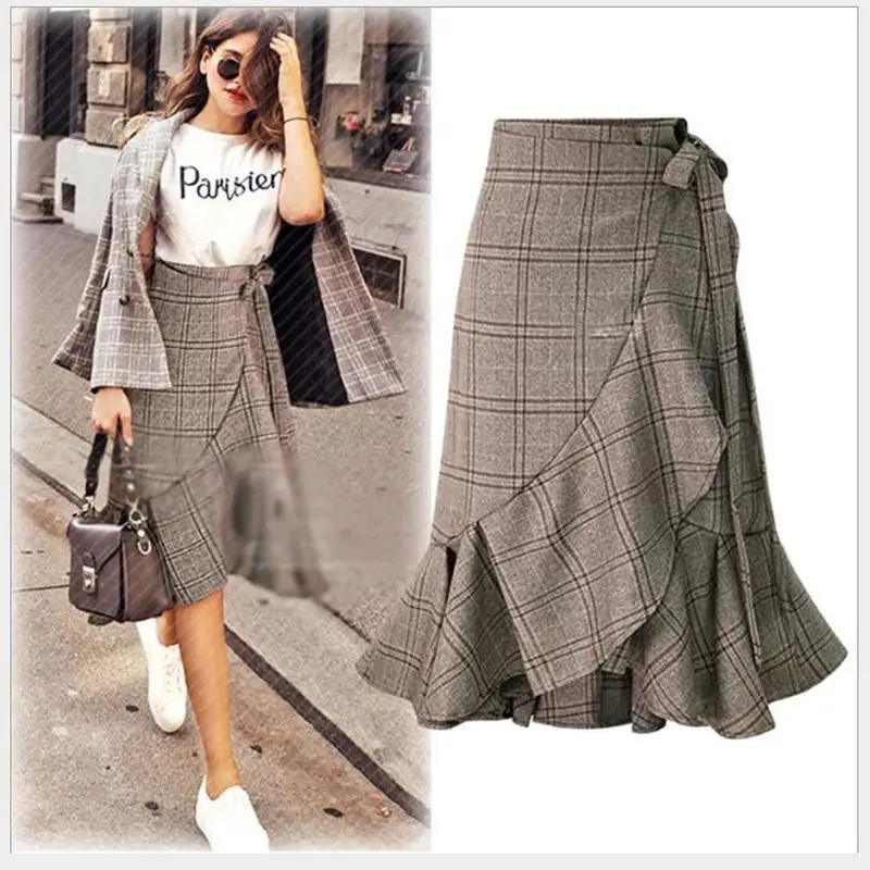 Office-Skirts-England-Style-Red-Plaid-High-Waist-Midi-Skirts-Woolen-A ...