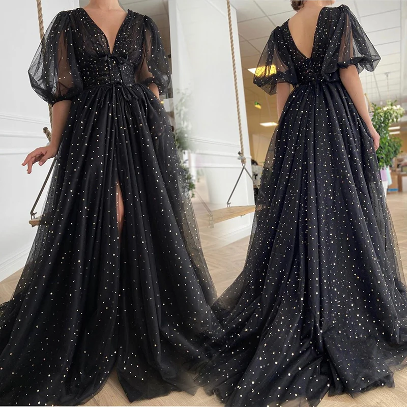 Graceful-Zwart-Gestippelde-Tule-Korte-Puff-Mouwen-Prom-Jurken-V-hals ...