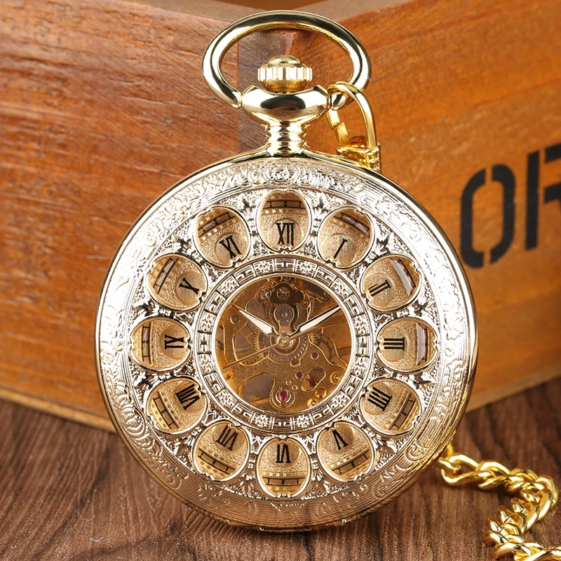 Luxury Gold Mechanical Pocket Watch Hollow Skeleton Hand Winding ...