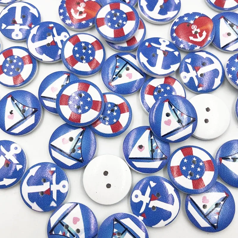 25-50Pcs-Blue-Sailing-anchor-Flag-Wood-Buttons-Clothing-sewing-20mm ...