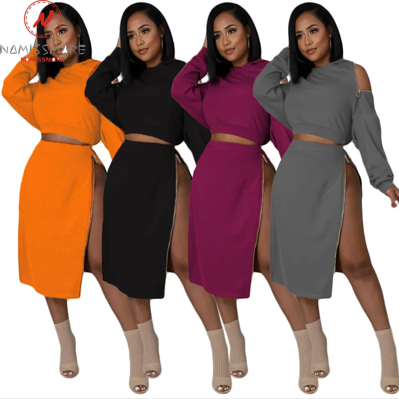 Women Autumn Solid Color 2 Piece Dress Set Hooded Design Zipper Decor O ...