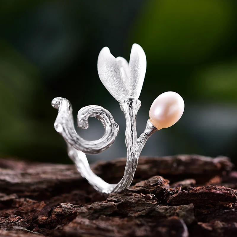 Natural Pearl Magnolia Flower Silver Rings - Pearl Stone Jewelry ...